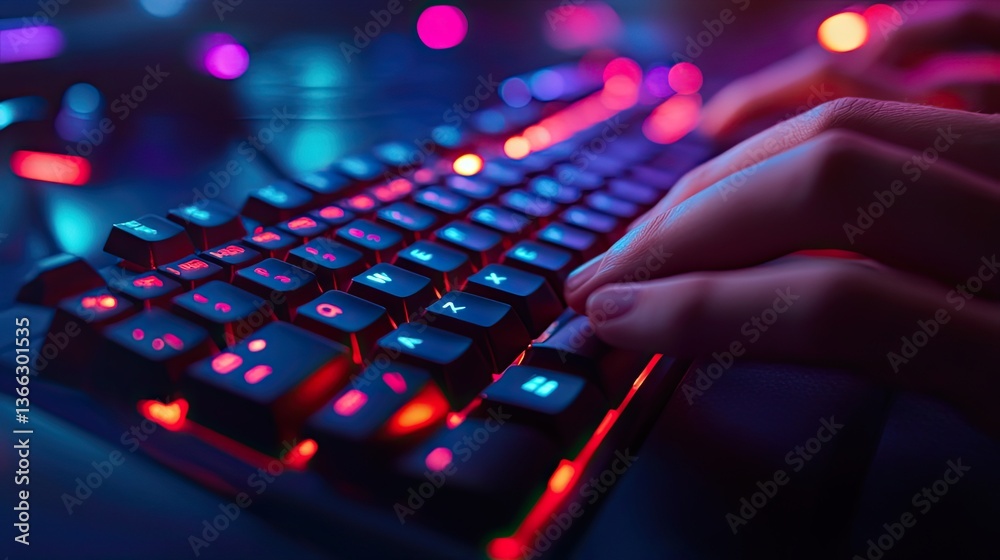Human fingers using an illuminated keyboard for typing and computing ...