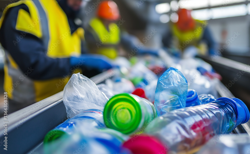 Workers in safety gear are sorting plastic bottles on a conveyor belt ...