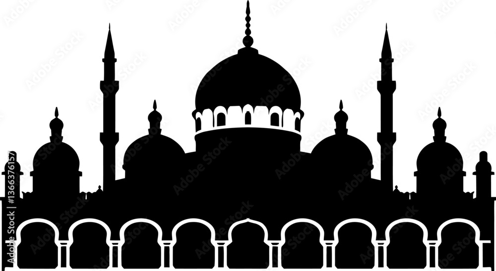 Mosque Silhouette: Islamic Architecture Vector - Black and White Mosque ...
