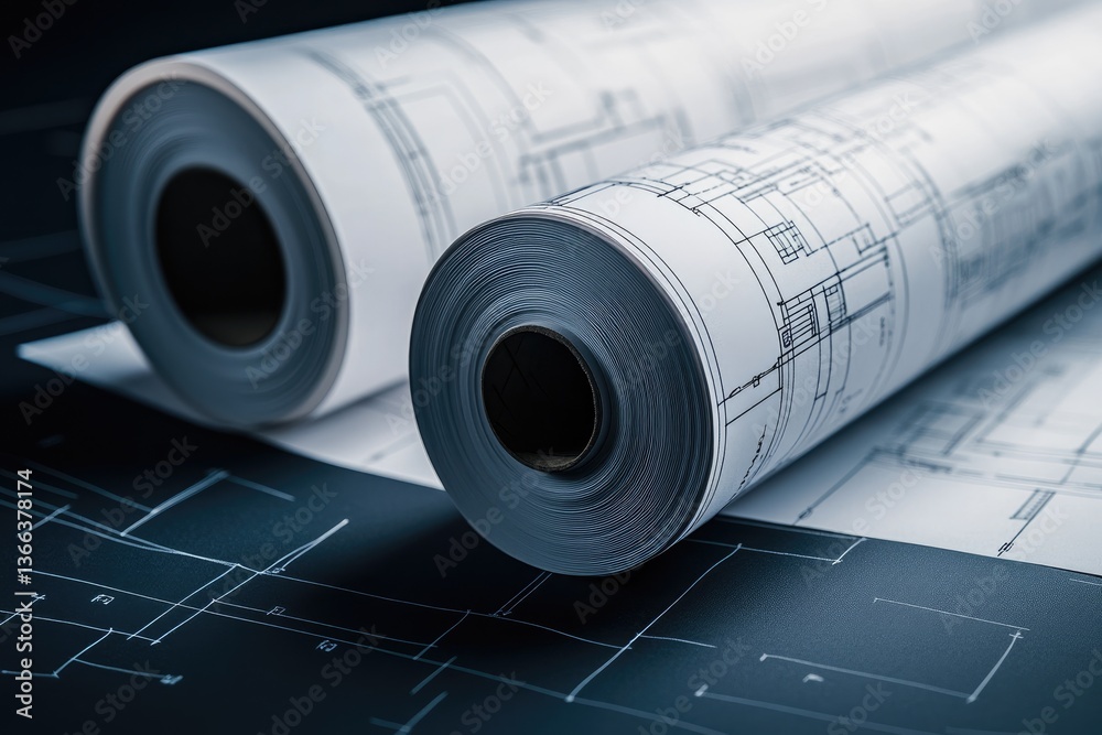 Architectural blueprints rolled up, ready for review. Detailed ...