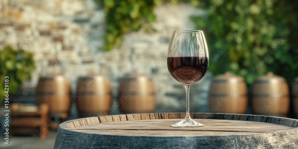 winery scene, red wine glass sits on a wine barrel in a rustic winery ...