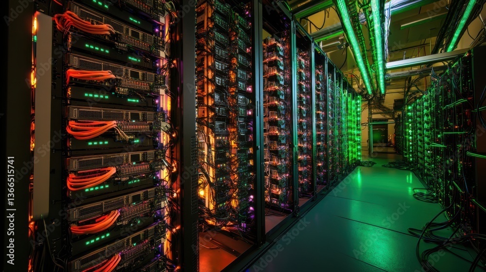 A high tech AI server room, futuristic data center with glowing LED ...