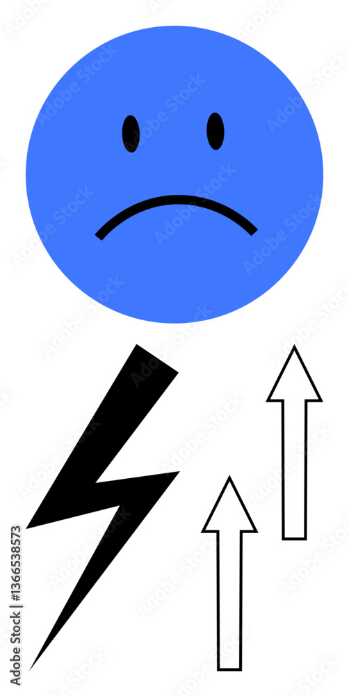 Blue sad face with bold lightning bolt below and two white upward ...