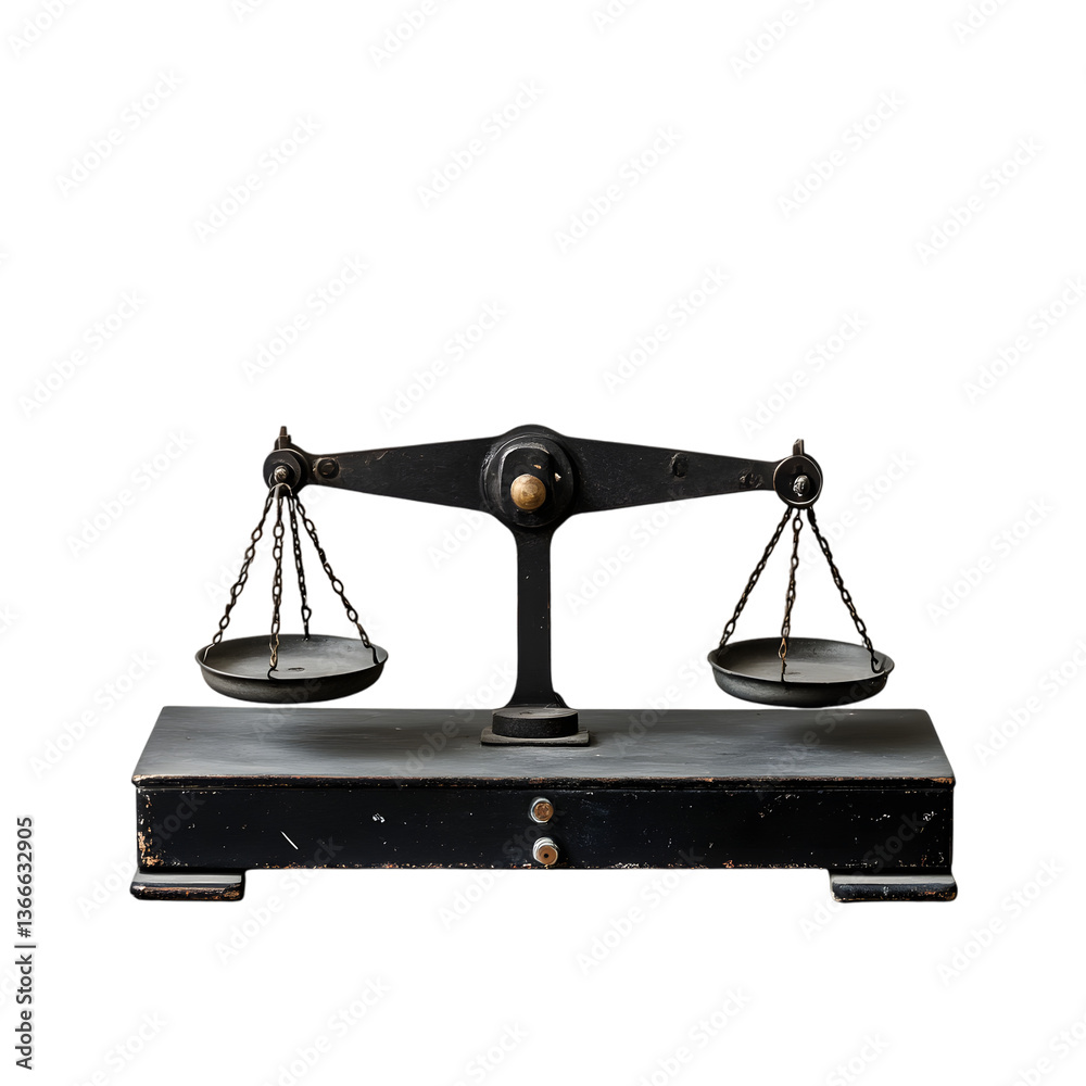 Vintage Black Balance Scale with Hanging Pans on Distressed Wooden Base ...