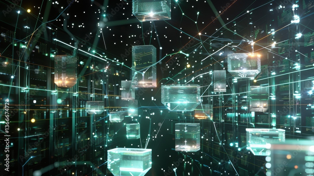 Holographic 3D database tables float like crystals with glowing links ...