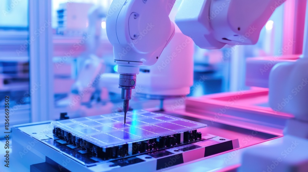 A robotic arm in a semiconductor fabrication plant, assembling wafer ...