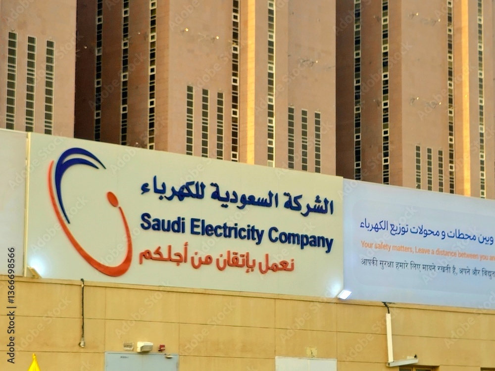 Mecca, Saudi Arabia, June 17 2024: Saudi Electricity Company signboard ...
