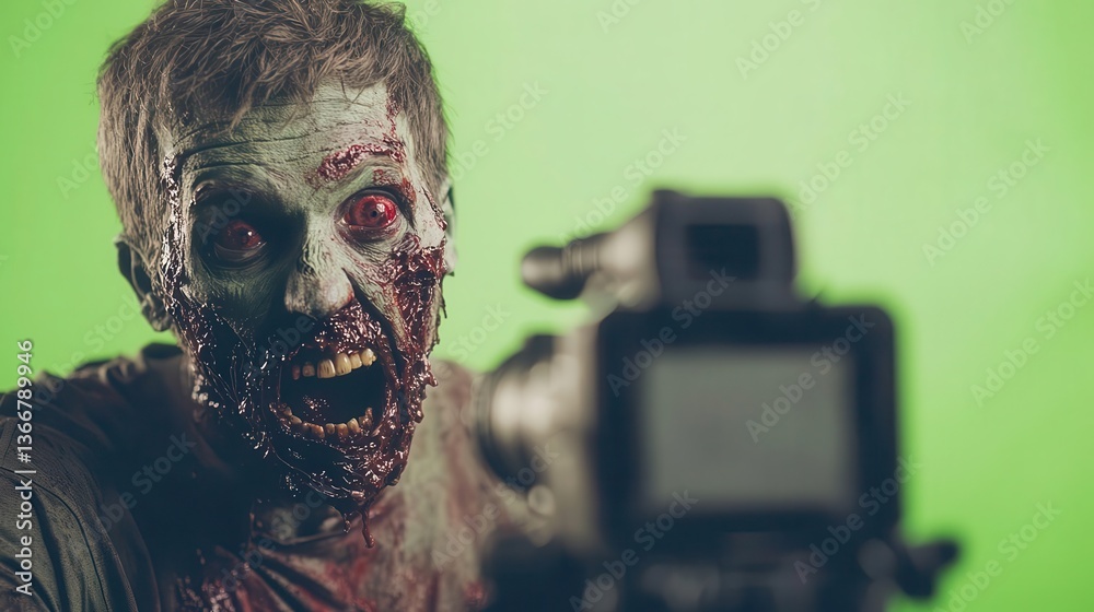 Actor in zombie costume with green screen behind, intense horror film ...