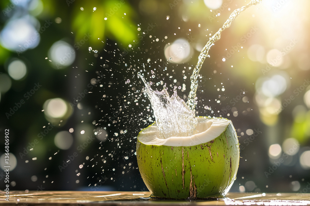 Crisp coconut water flows from a freshly cracked green coconut into a ...