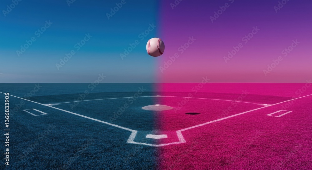 Creative Baseball Field Illustration with Split Colors and Floating ...