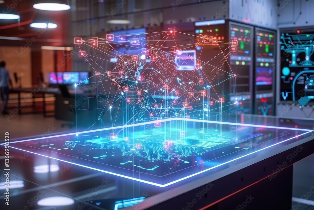 Sci-fi control room displays a 3D network topology hologram showing ...