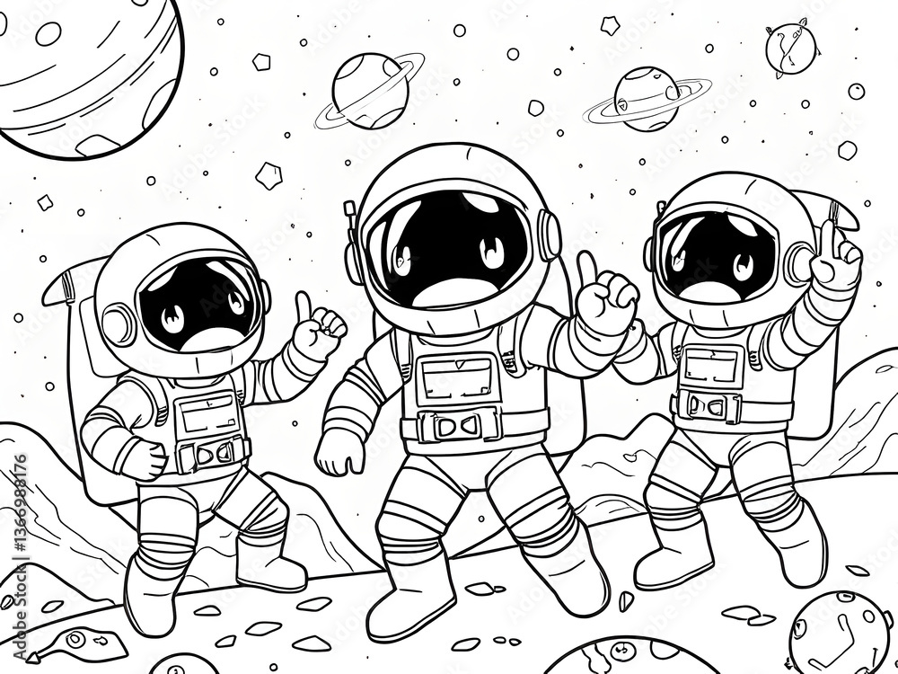 Astronauts in Space Coloring Page Planets, Stars, Cartoon Astronauts ...