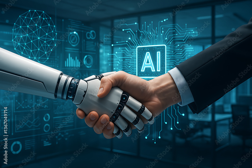 Futuristic business partnership with handshake between human and robot ...