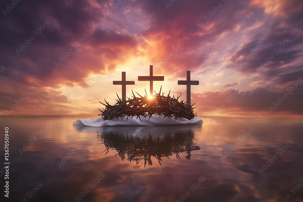 Three Crosses Sunset, Crown of Thorns Scene, Easter Religious Image, Holy Week Symbolism ...