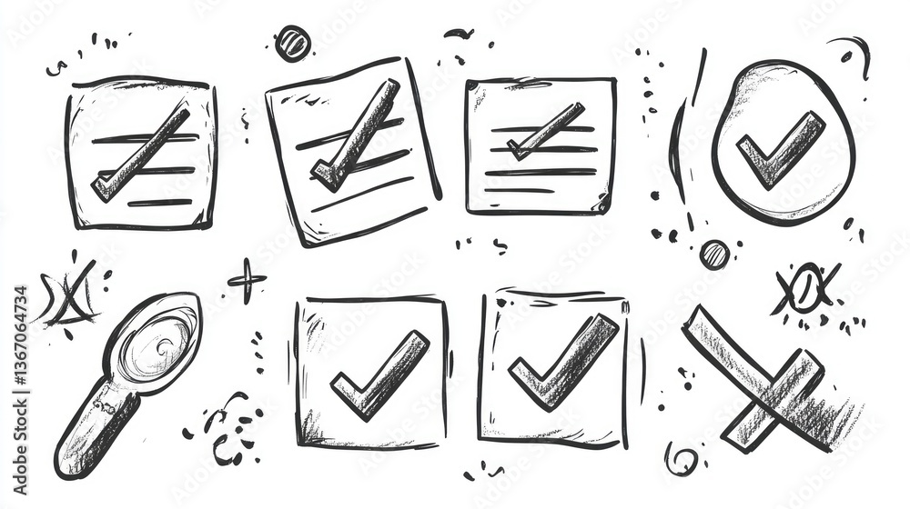 Check marks doodle set. Vote, yes, no, checkbox, checklist, tick, and cross signs, v and x drawn ...