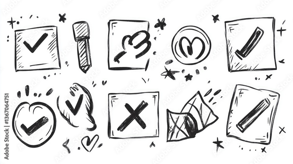 Check marks doodle set. Vote, yes, no, checkbox, checklist, tick, and ...