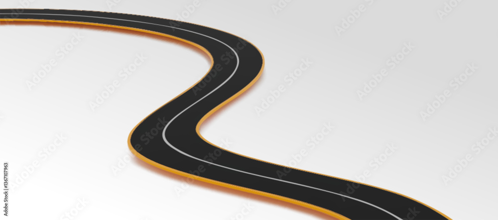 3D road highway curve with black asphalt surface and yellow edges ...