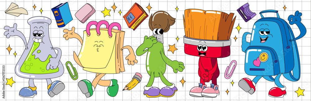 Groovy cartoon school characters - flask, sticky note stack ...