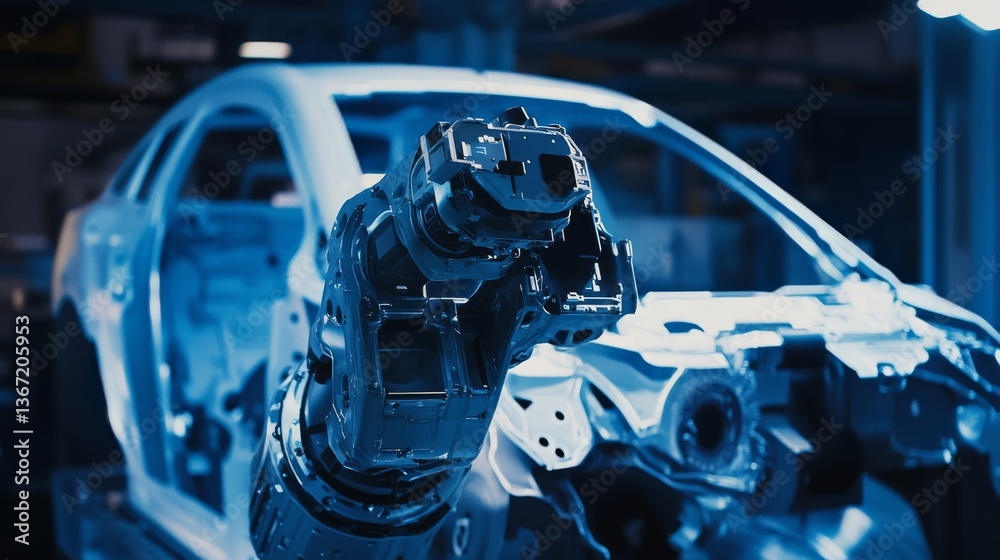An AI powered robotic arm assembling precision parts in an automotive ...
