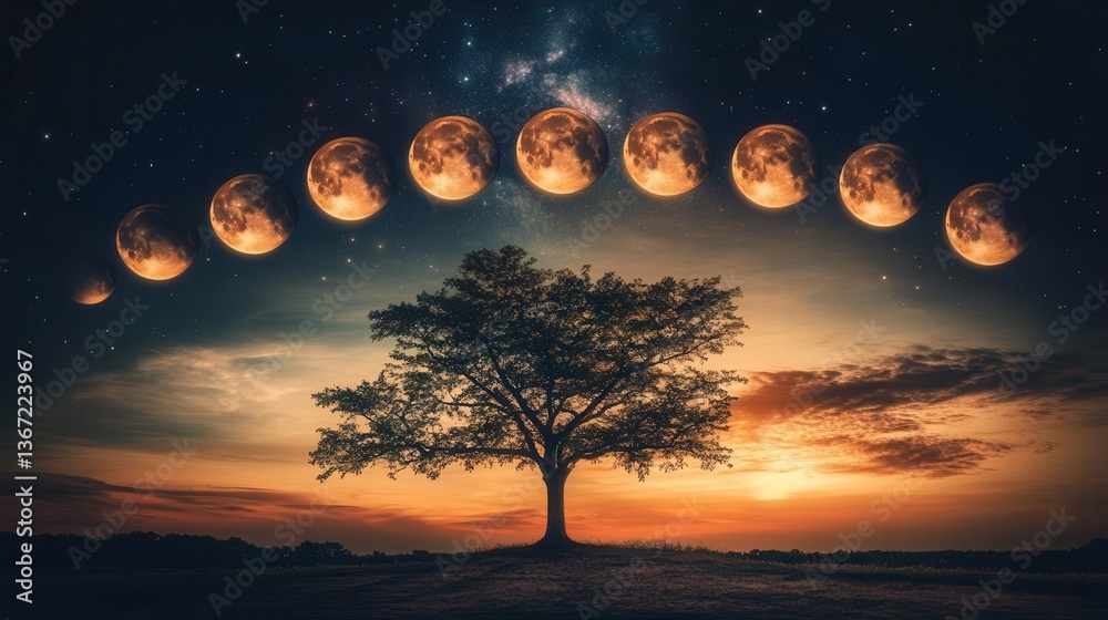 Phases of the Moon Over a Large Silhouetted Tree During Sunset with a ...