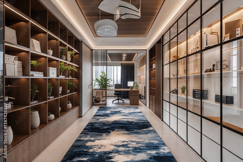 Sophisticated Office Layout with Display Wall and Organized Pathway in ...