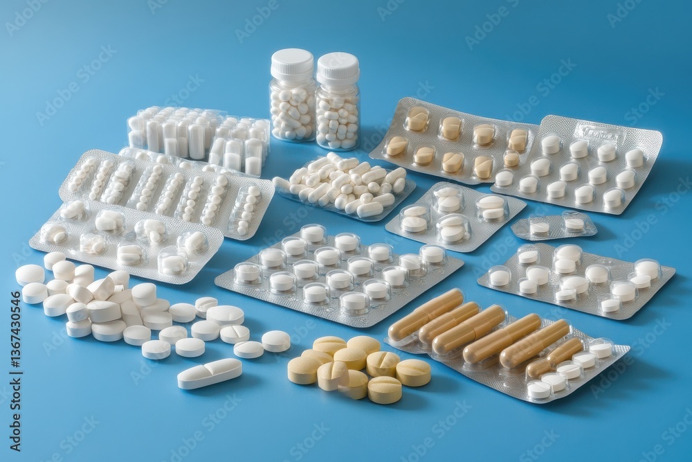Variety of pharmaceutical tablets and capsules arranged on a blue ...