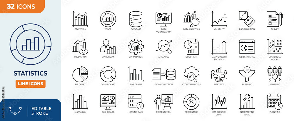 Statistics icon set. Containing data, web statistics, survey ...