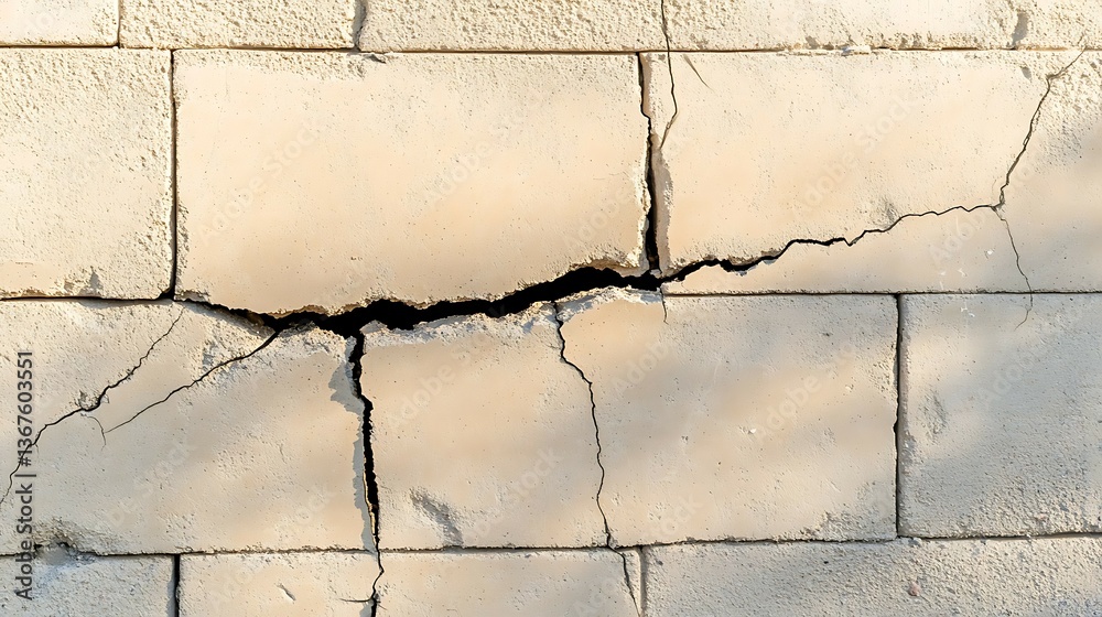 earthquake damage cracked brick wall from structural stress. Concept of ...