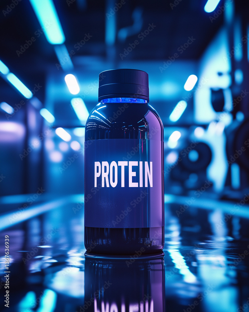 A modern protein shake bottle with "PROTEIN" branding sits on a ...