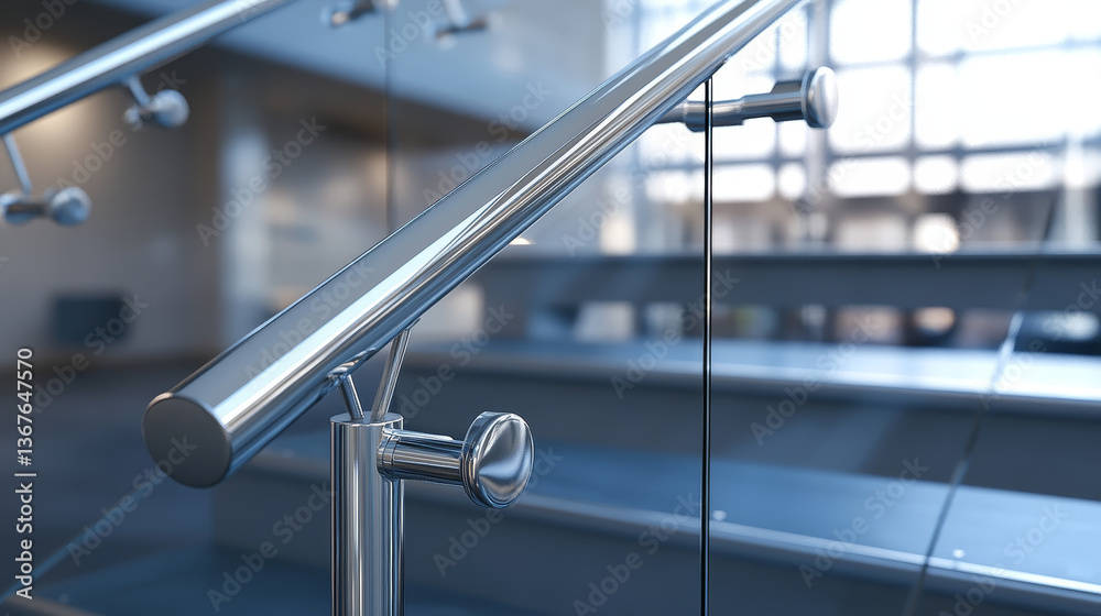 Glass balustrade with metal handrails. Template banister or fencing ...