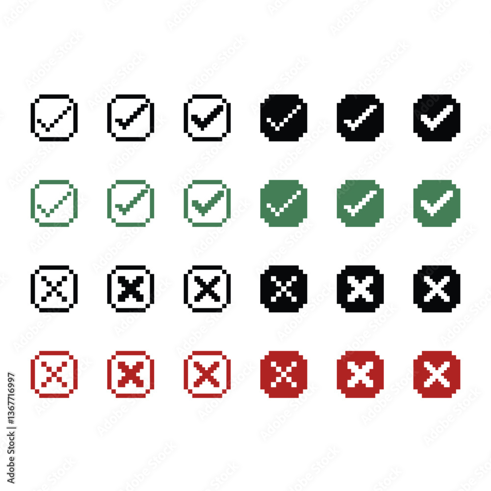 Image vectorielle Stock Pixel Art Green Check Marks and Red Cross Icons in Circle Shapes.Pixel ...