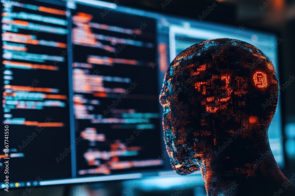 Machine learning model in front of a computer monitor displaying lines ...