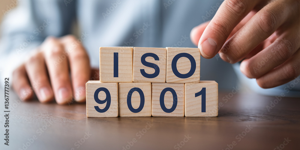 Wooden blocks spelling ISO 9001, a hand placing the final block ...
