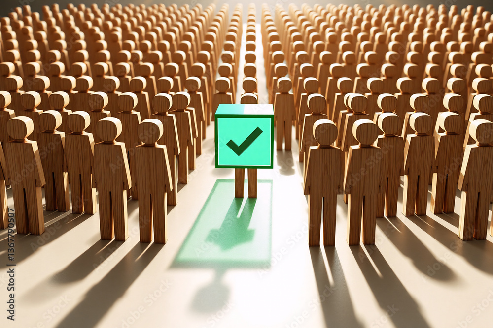 Numerous figures in rows are directed toward a central green box ...