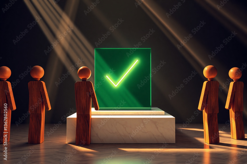 Stylized figures observe a glowing green tick mark on a cube ...