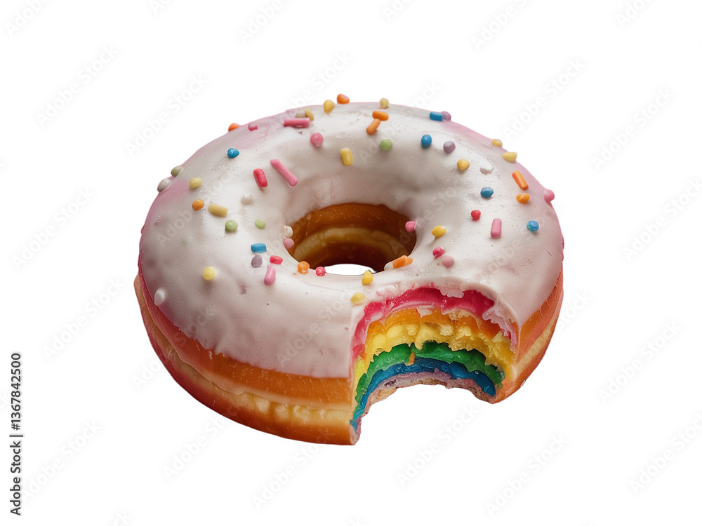 Colorful rainbow donut with sprinkles showcases vibrant layers and ...