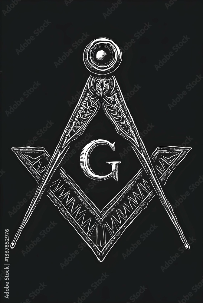 Detailed engraving of the Freemason Square and Compasses symbol with ...