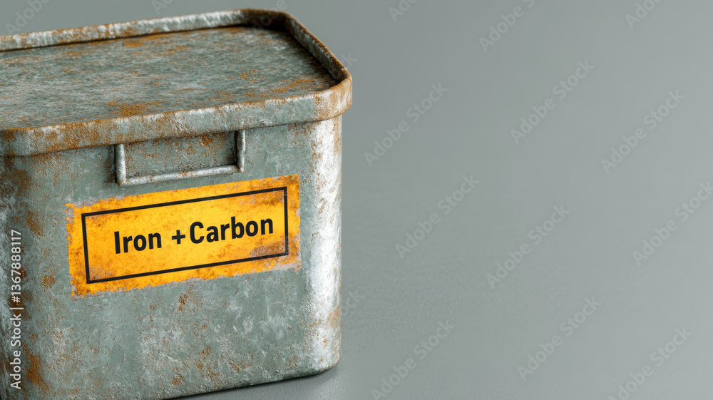 Rusty container labeled with Iron and Carbon, showcasing essence of ...