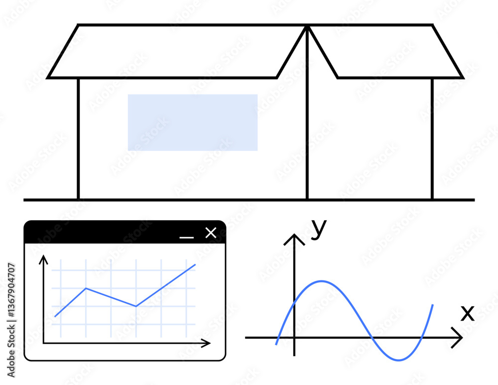 Simple house outline with a window, rising line graph in a browser ...