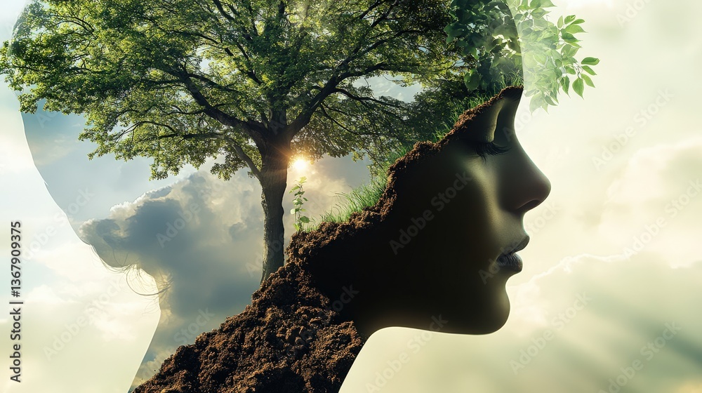 A surreal image of a profile with a thriving tree inside, symbolizing ...