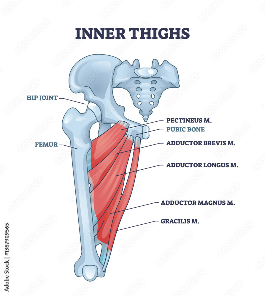 Inner thighs anatomy diagram highlights muscles and bones. Key elements ...