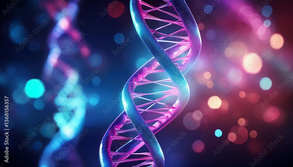 abstract dna double helix in blue and pink colors on a dark background ...