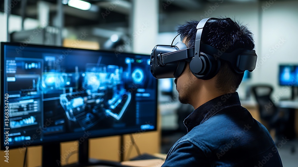 Advanced virtual reality workstation where an employee interacts with a ...
