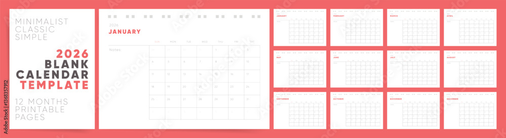 2026 Classic Calendar Template. Week starts on Sunday. Minimalist ...