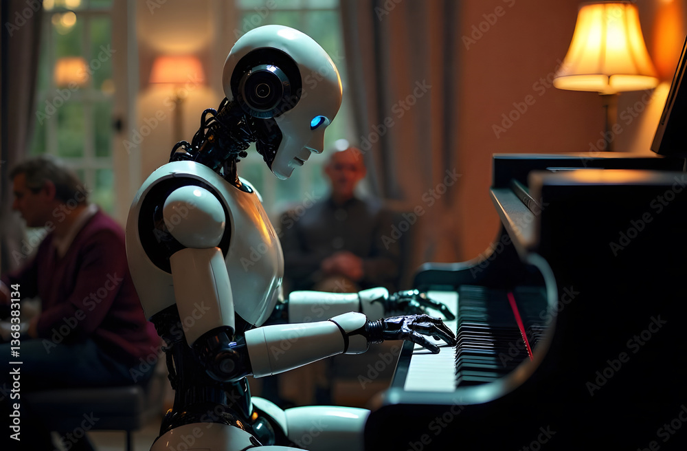 Humanoid robot masterfully plays piano in vibrant cafe, blending ...