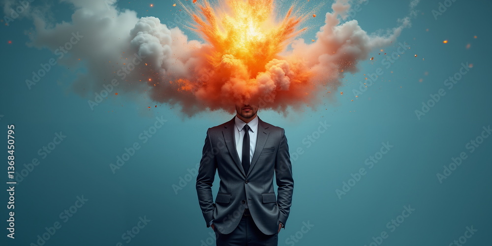 Anger people in shock state. Work man rage. ADHD person mental boom ...