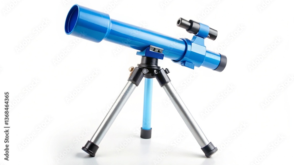 Blue toy telescope on a tripod, single object isolated on white ...