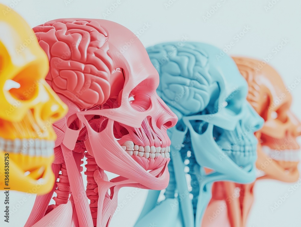 Colorful anatomical models of human skulls, showcasing different layers ...