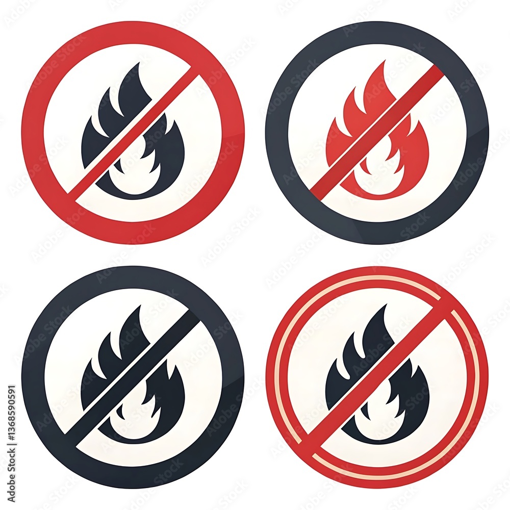 Fire warning signs, circular prohibition symbols, red and black icons ...
