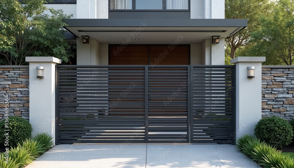 Modern sliding gate aluminum slatted panels closing residential ...
